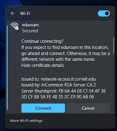 Connect to eduroam (Certified Desktop Using Windows) | IT@Cornell